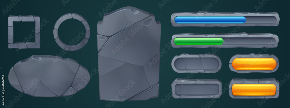 Stone frame and rock board game ui cartoon vector. Medieval plaque and ...