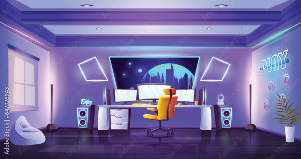 Gamer and streamer room interior. Cartoon studio setup for playing ...