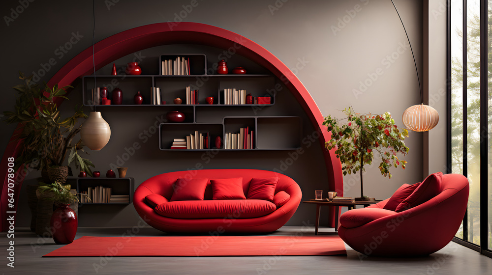 Red curved sofa and armchair near round coffee table against of white ...