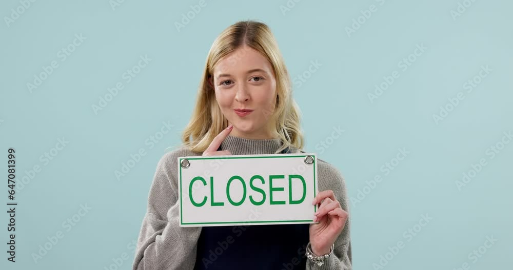 Sad woman, waitress and closed sign of store, cafe and studio isolated ...