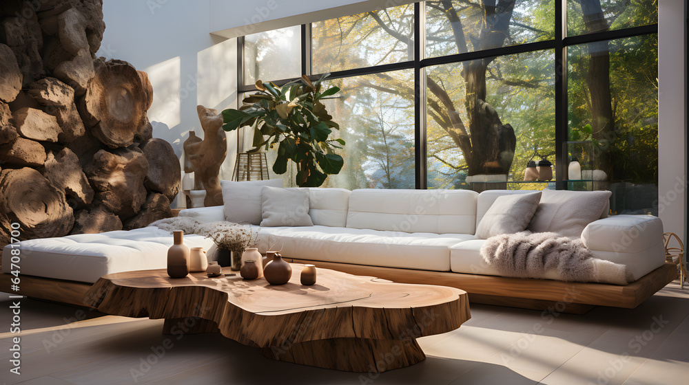 Rustic live edge tree stump accent coffee table near white corner sofa ...