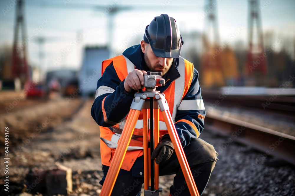 Surveyor engineer is measuring level on construction site. Surveyors ...