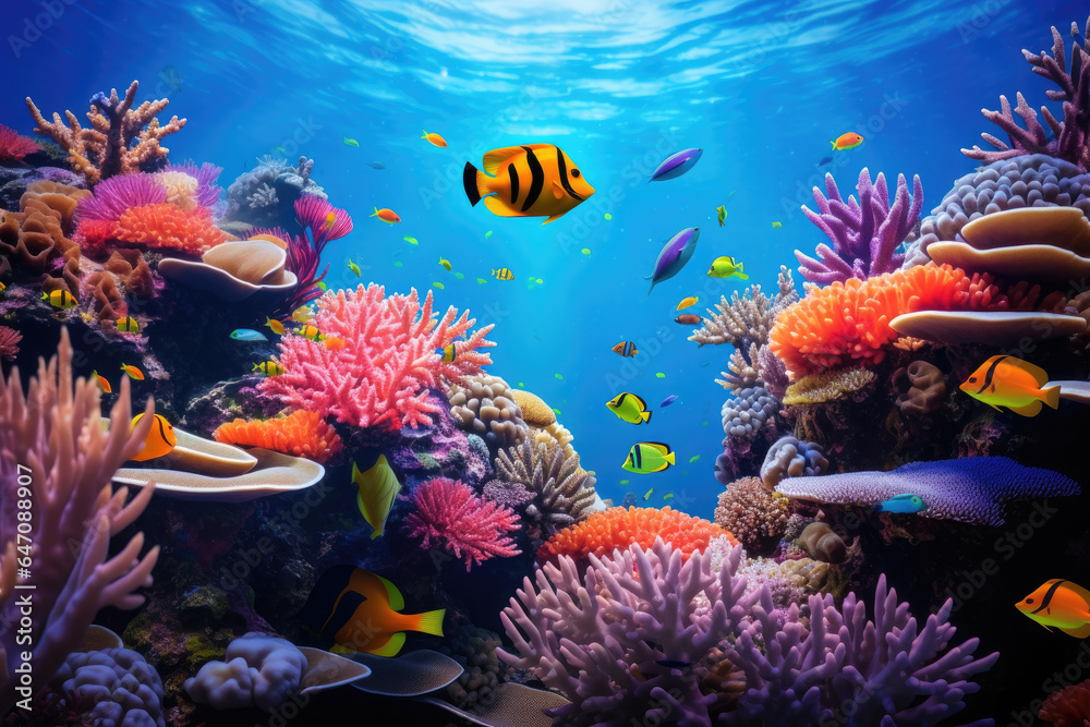 Underwater with colorful sea life fishes and plant at seabed background ...