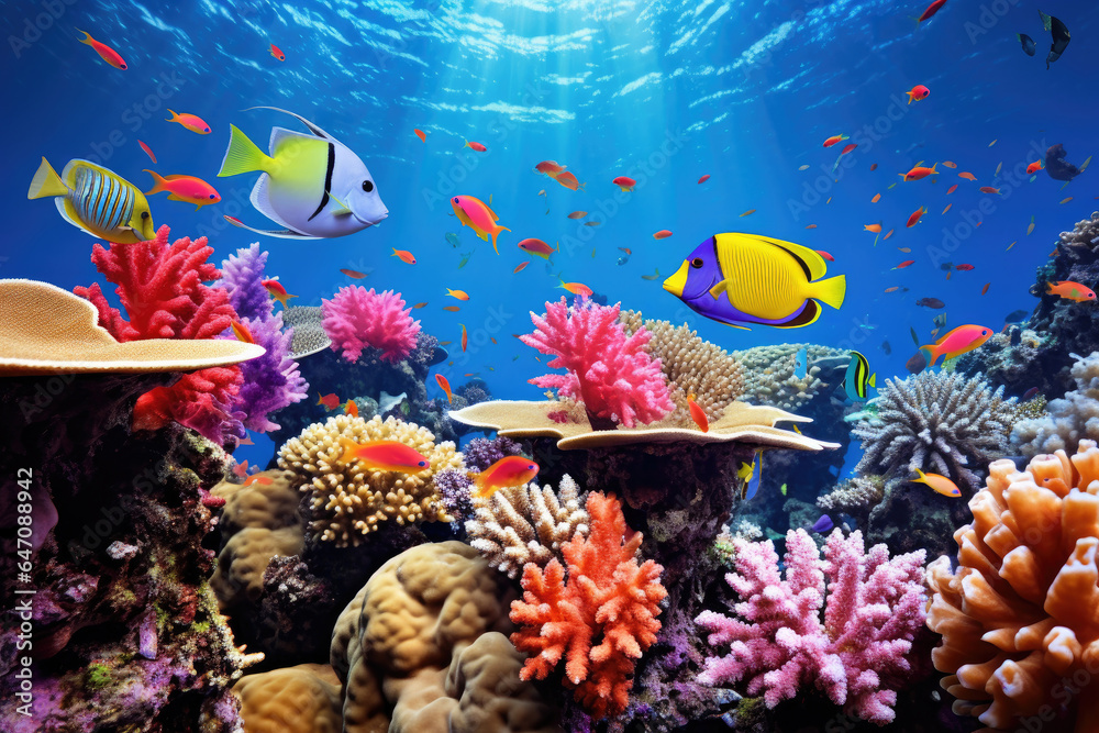 Underwater with colorful sea life fishes and plant at seabed background ...
