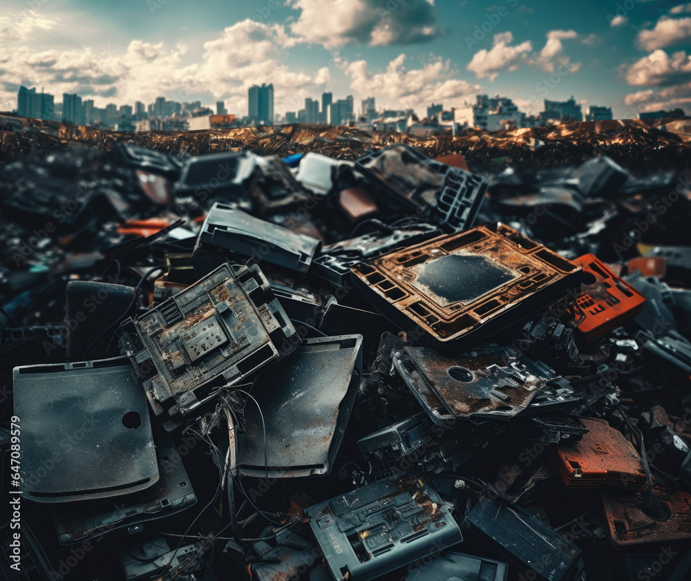 pile of broken electronics in front of a city, overconsumption banner ...