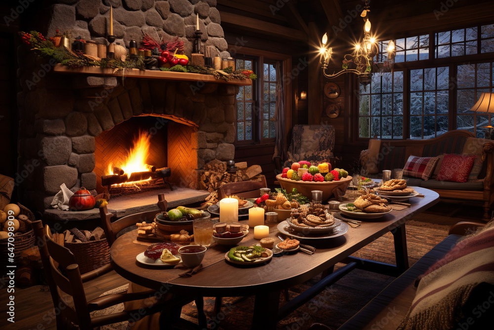cozy cabin in the woods with a roaring fireplace and a Thanksgiving ...