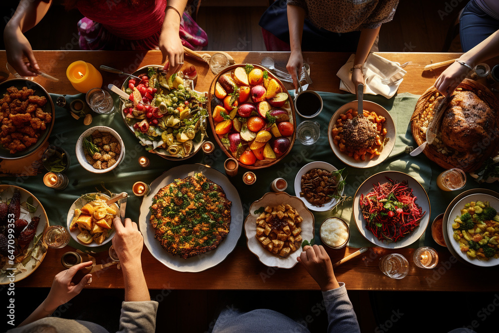 friends enjoying a Thanksgiving potluck dinner with a diverse spread of ...