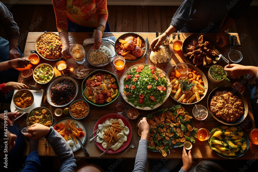 friends enjoying a Thanksgiving potluck dinner with a diverse spread of ...