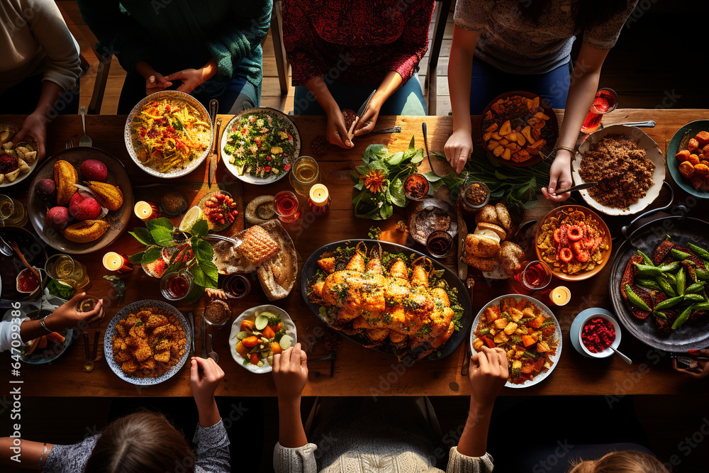 friends enjoying a Thanksgiving potluck dinner with a diverse spread of ...