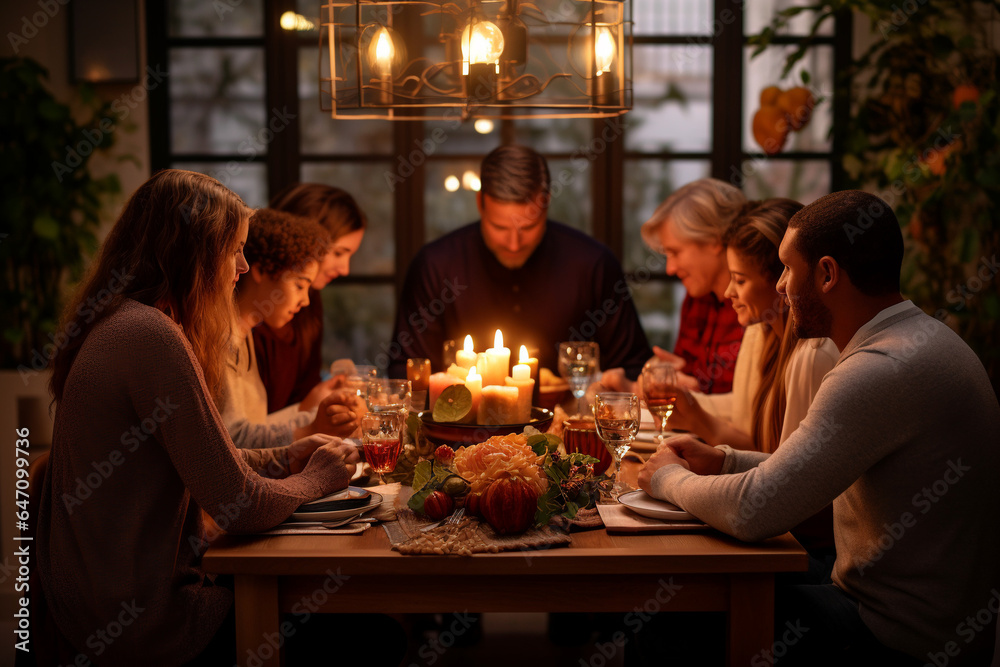 traditional Thanksgiving prayer around a beautifully set dining table ...