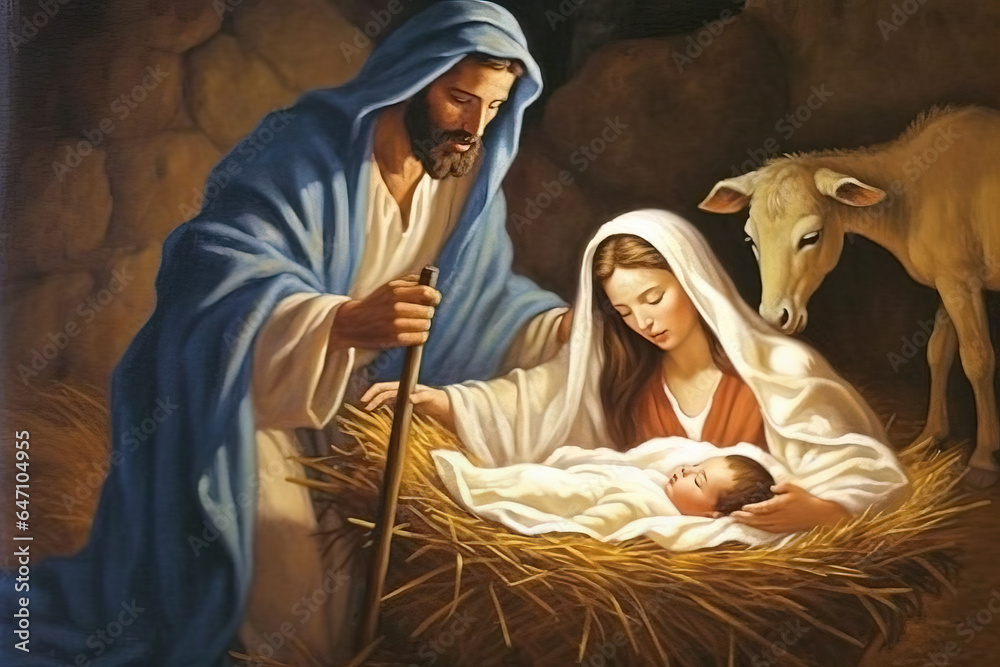The newborn Jesus on the hay near Mary and Joseph Stock Illustration ...