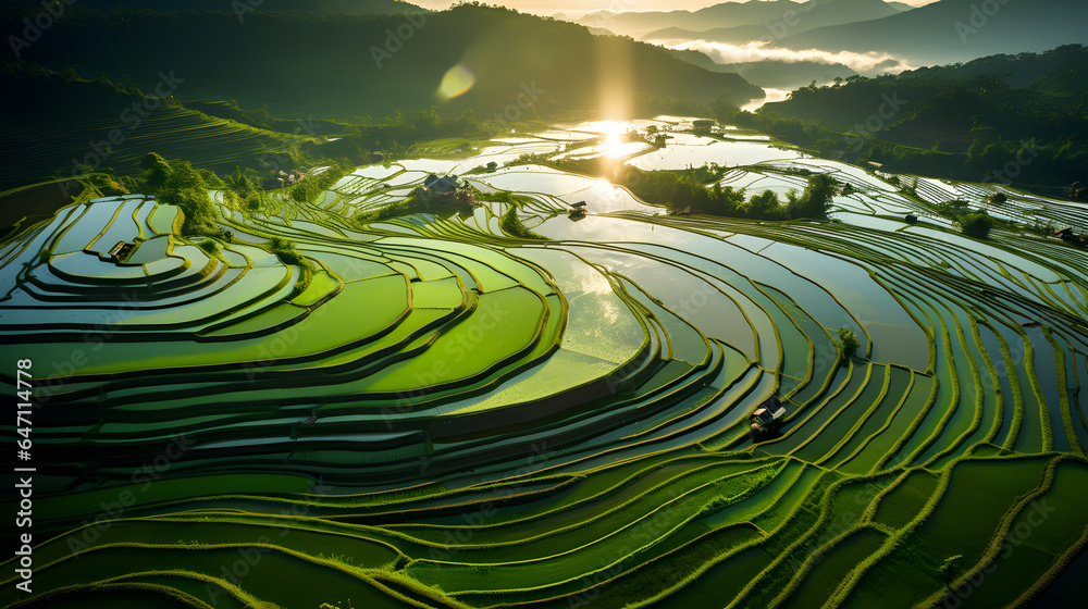 Explore the intricate beauty of a lush rice paddy as it approaches ...