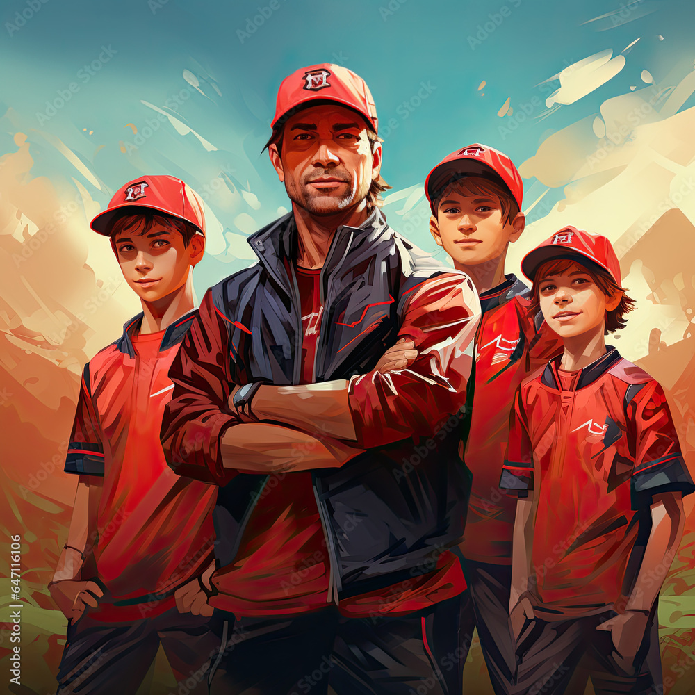 Vector illustration: A coach standing next to his school American ...