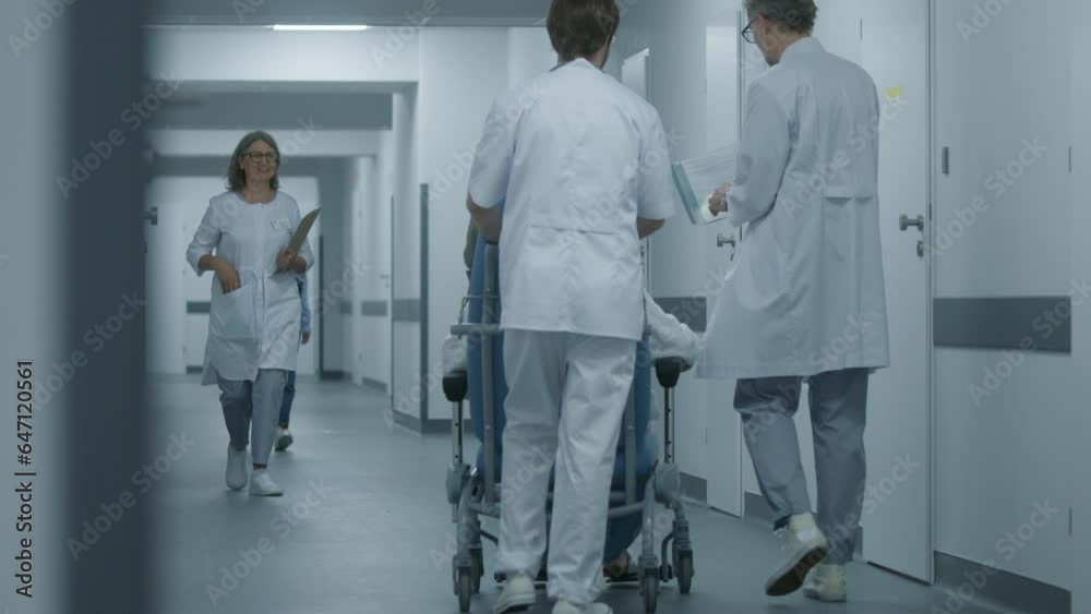 Back view of doctors pushing transfer wheelchair with patient walking ...