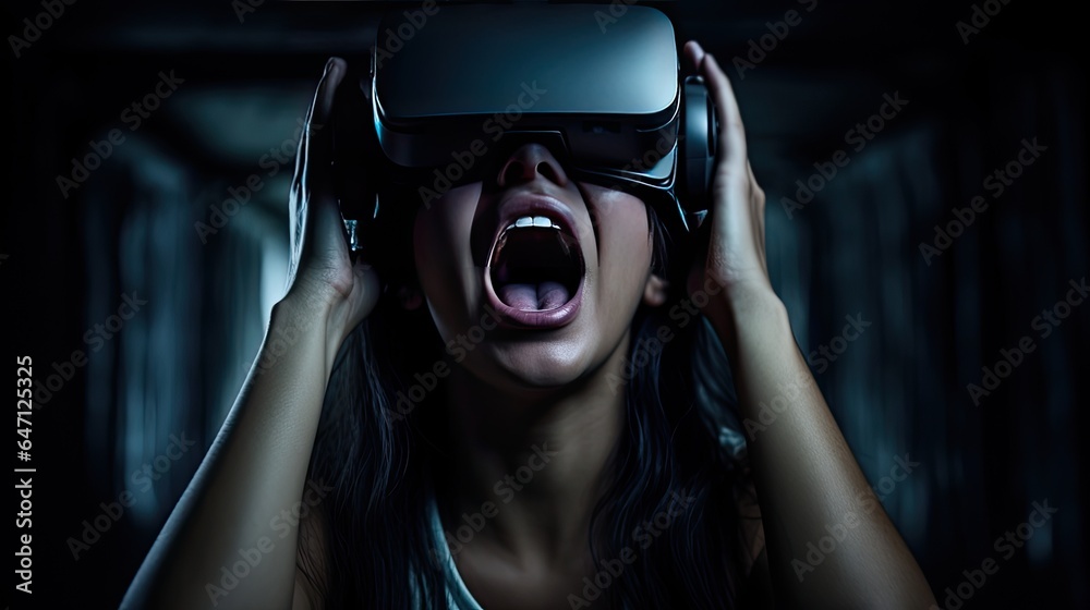 Model with a VR headset, reacting to a virtual horror experience ...
