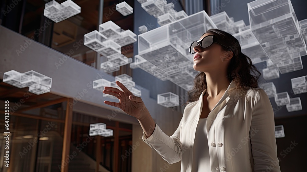Model with AR glasses, manipulating a 3D architectural model of a ...
