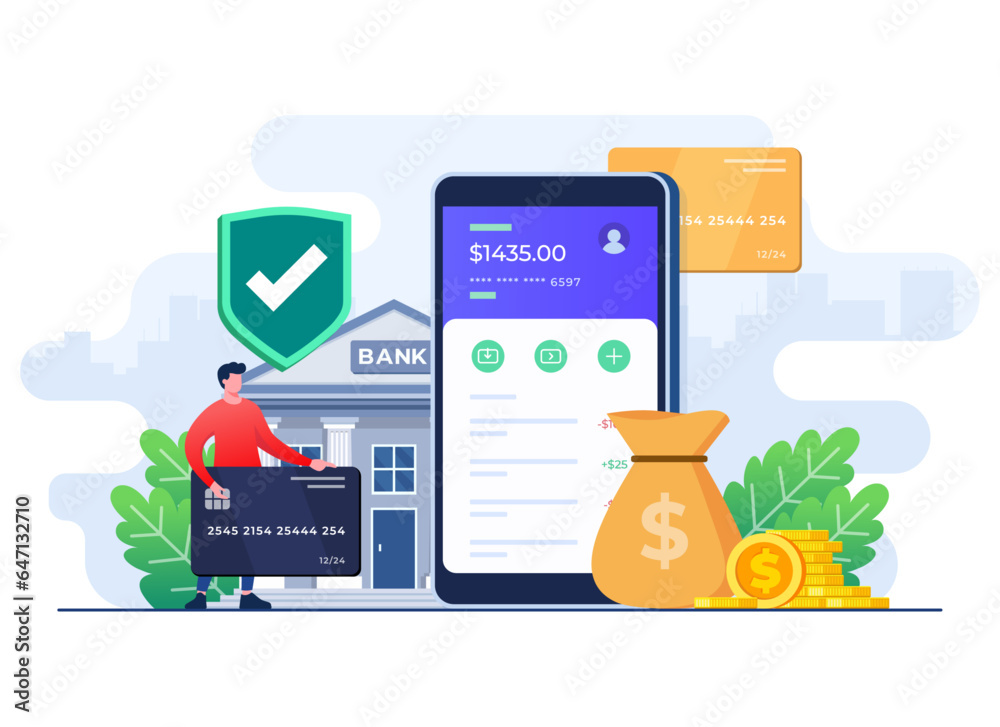 Mobile banking app flat illustration, Online banking, E-commerce, E ...