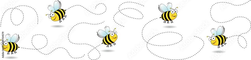 Cartoon bee icon set. Bee flying on a dotted route isolated on the ...