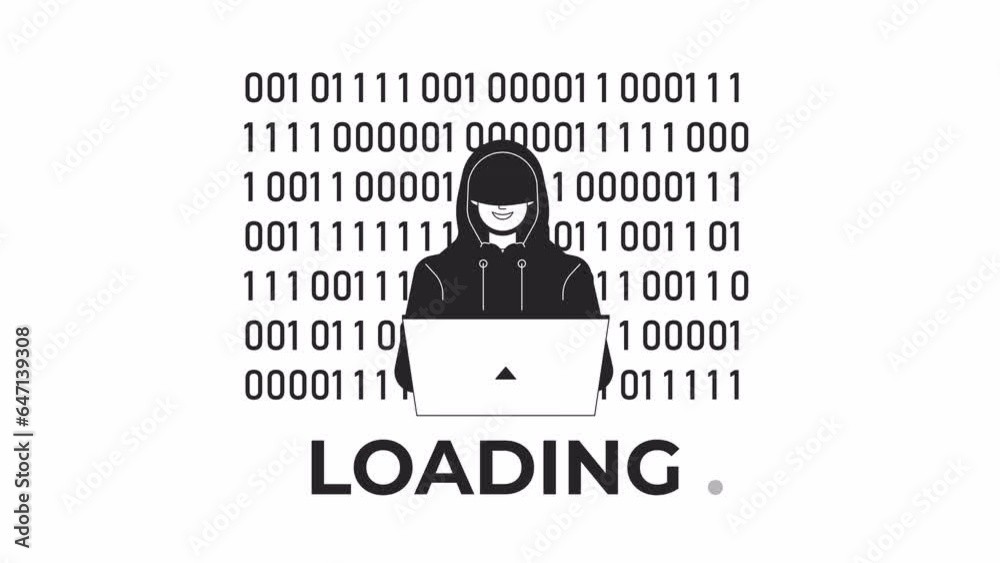 Cyber attacker typing on laptop bw loading animation. Fraudulent hacker ...