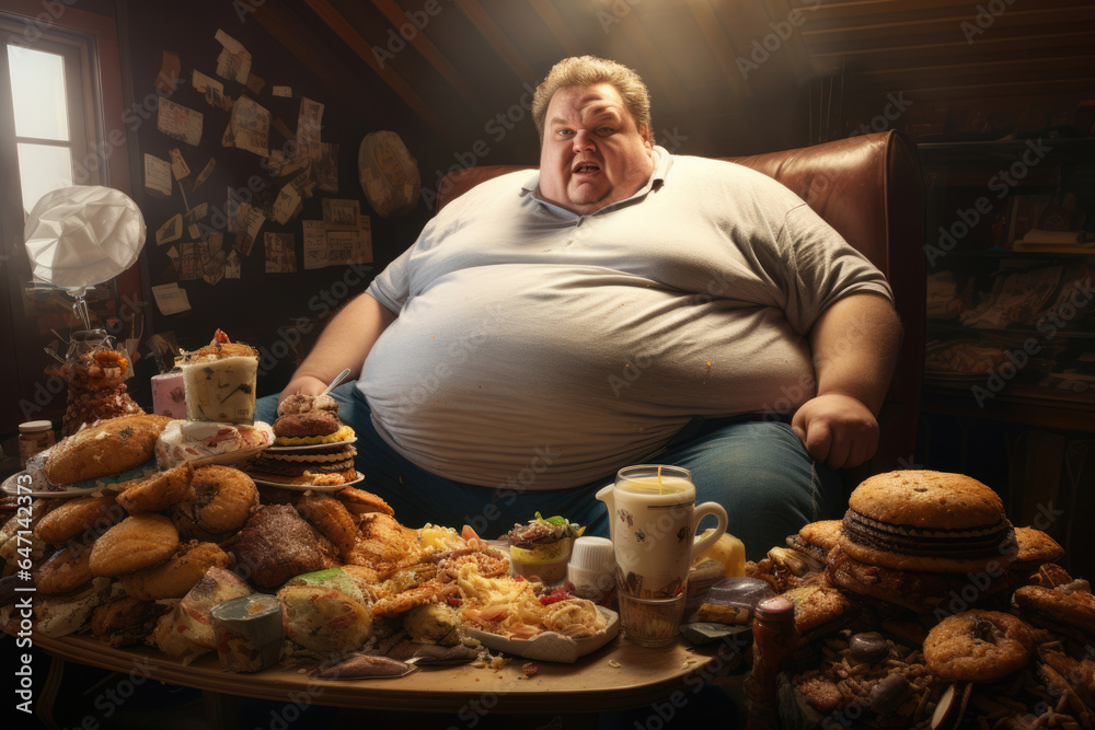 Fat man with big belly eats mountain of junk food at home Stock ...