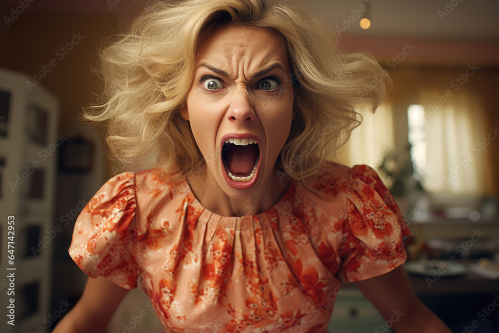 Poster Portrait of screaming woman, hysterical wife with open mouth ...