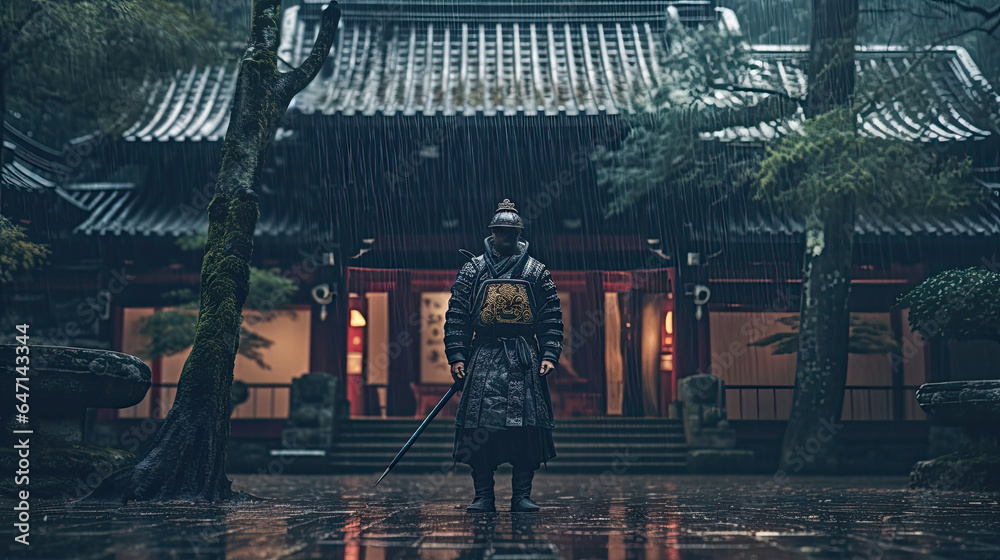 Ancient samurai with a weapon sword standing in front of a old japanese ...