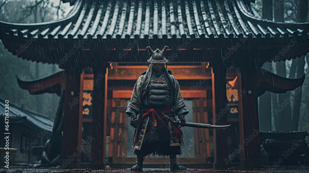 Ancient samurai with a weapon sword standing in front of a old japanese ...