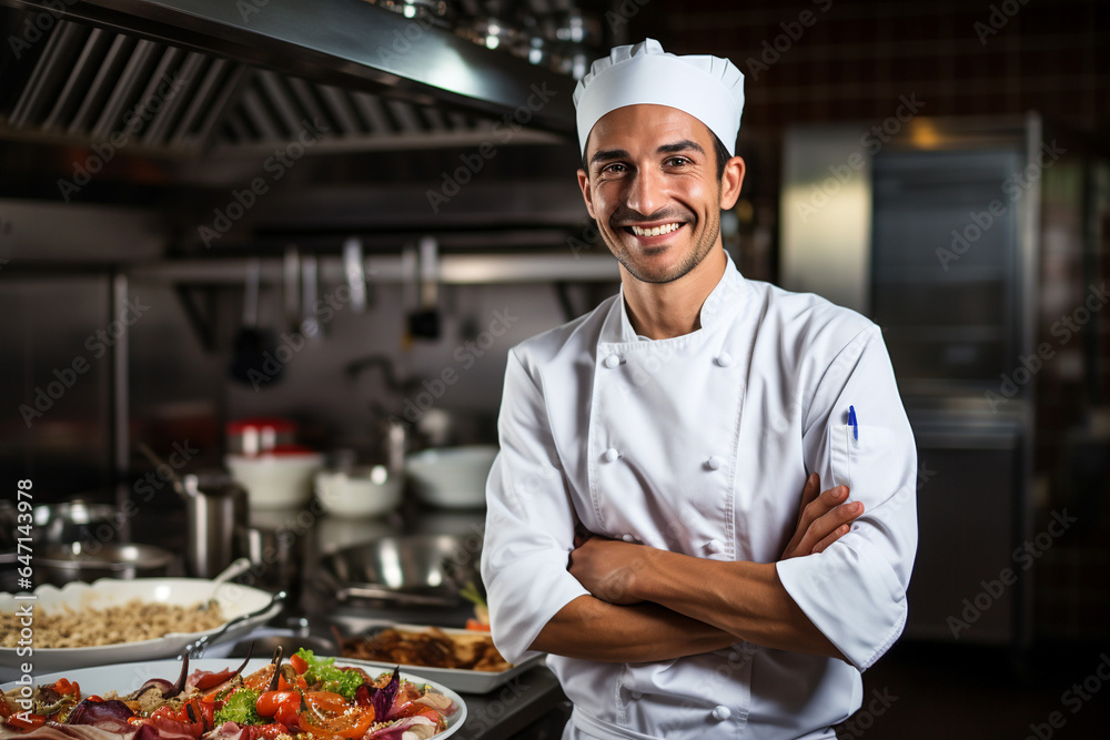 Smiling male chef with cooked food in kitchen. AI generated Stock Photo ...