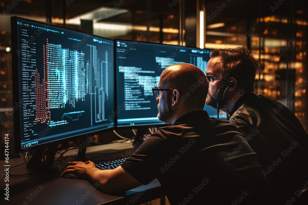 technical team reviewing lines of code for a software development ...