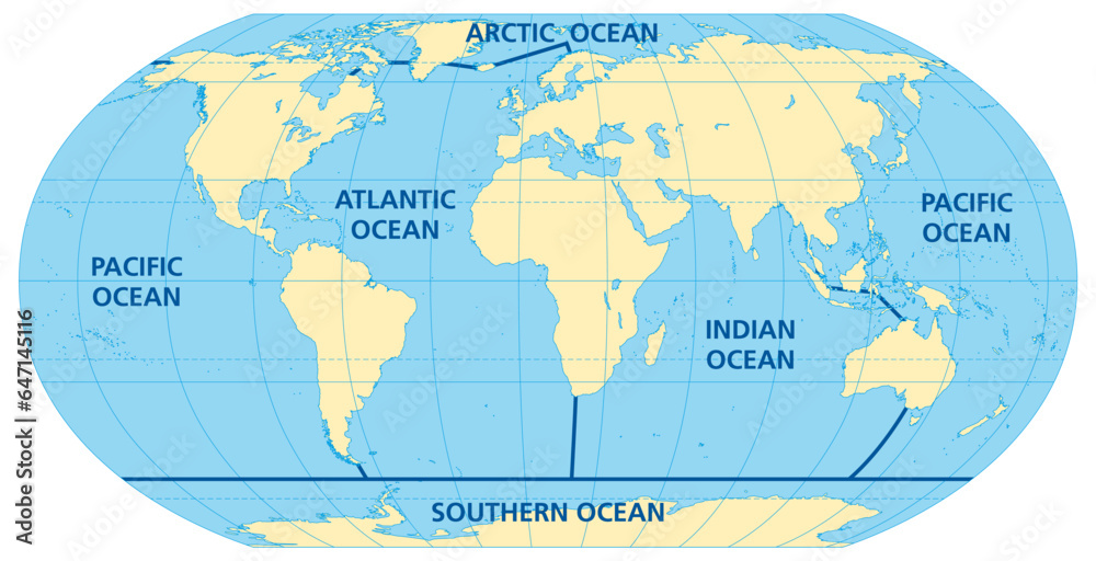 Póster World map of the five oceans, model of oceanic divisions with ...