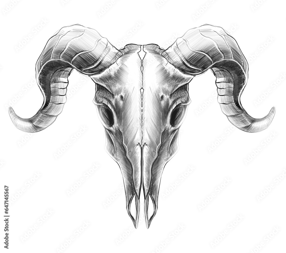 goat skull pencil drawing on a white background in a realistic style. a ...