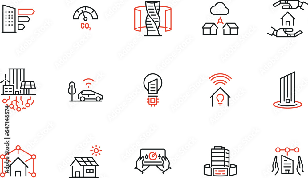 Vector set of linear icons related to building technology, smart houses ...
