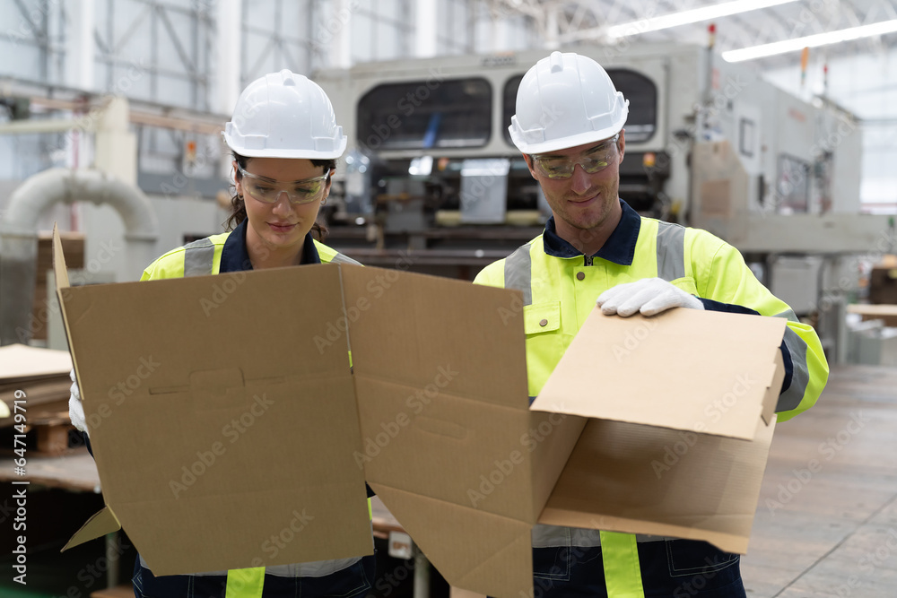 Male and female factory worker inspecting quality of cardboard in ...