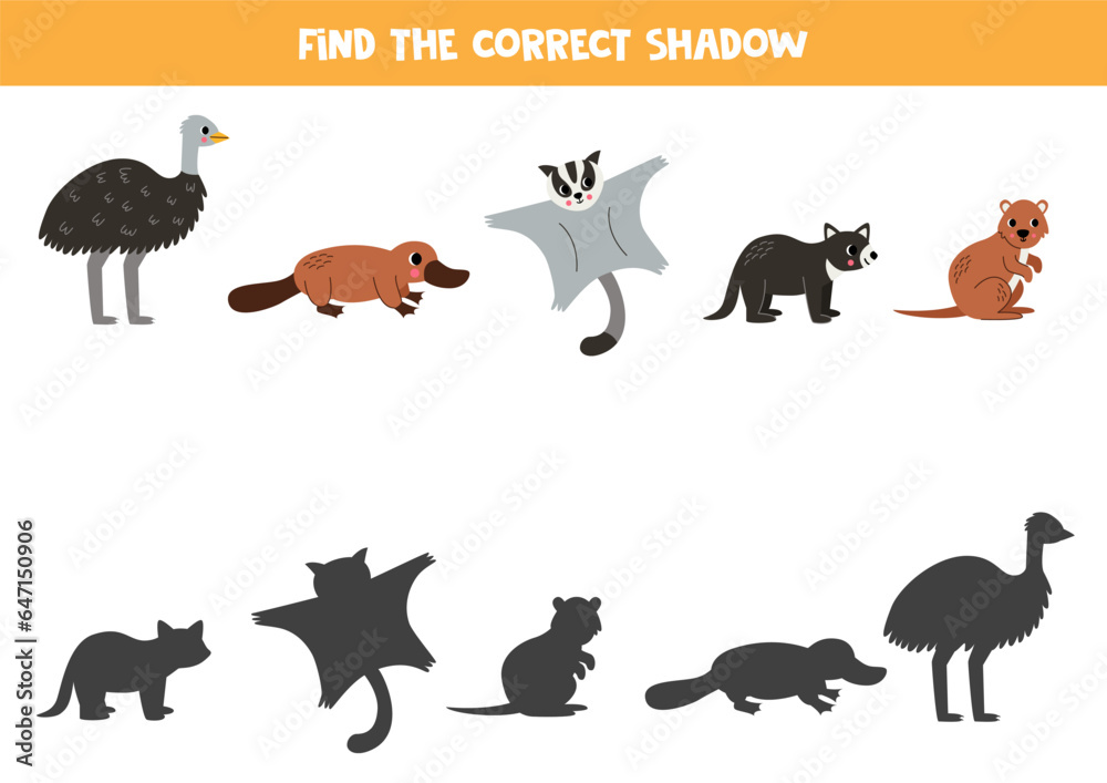 Find shadows of cute Australian animals. Educational logical game for ...