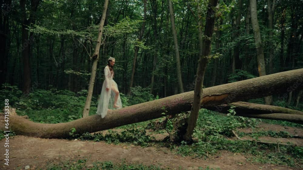 Attractive Dryad Or Forest Fairy Sitting On A Tree. A charming girl in ...