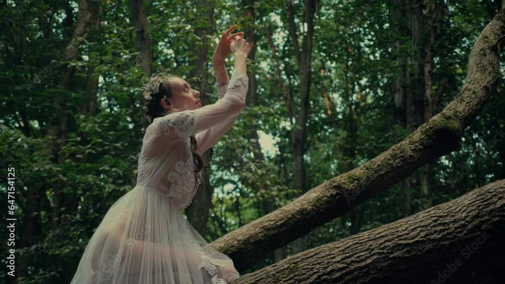Attractive Dryad Or Forest Fairy lies on a tree. Charming girl in a ...