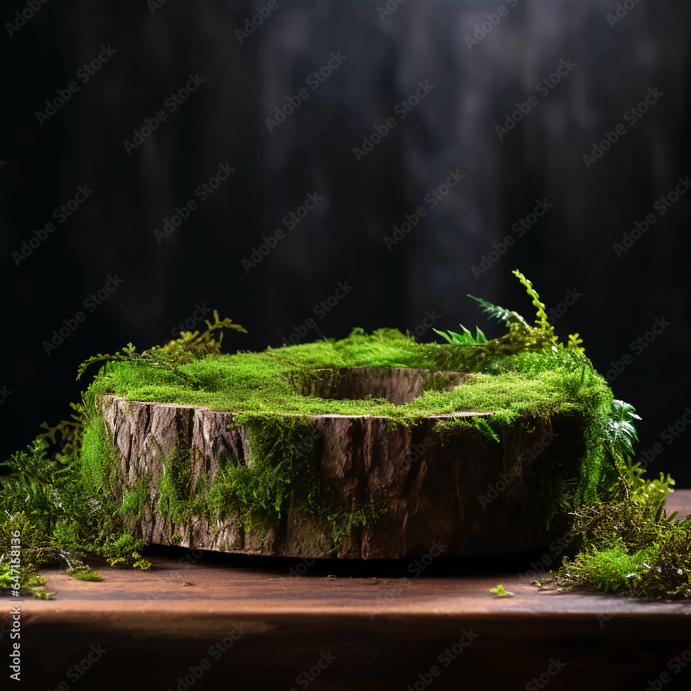 Wooden podium tabletop blurs the green backdrop, Green moss thrives on ...