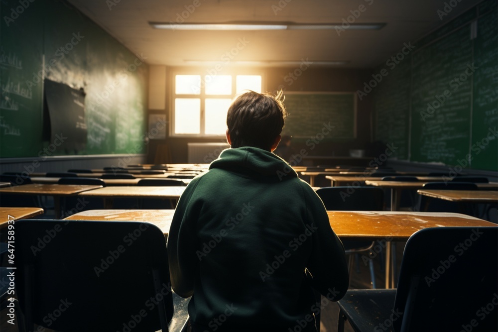 Rear perspective of a lone student in an empty classroom Stock Illustration | Adobe Stock