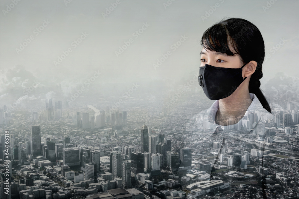 Portrait Asian children girl wear N95 mask to protect PM 2.5 dust and ...