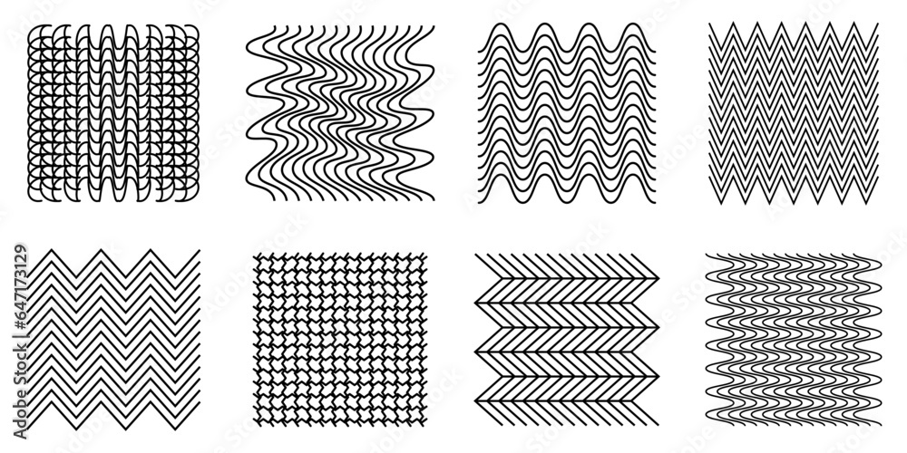 Abstract wavy and zigzag objects and grids. Black and white vector ...