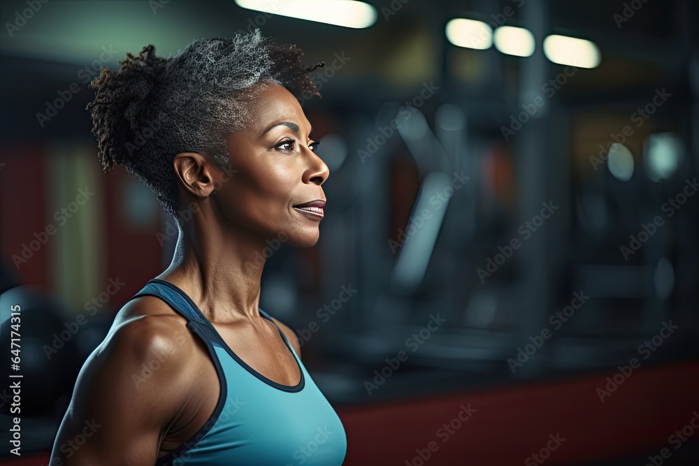 Close-up photo of a middle aged black woman in gym. Beautiful young ...