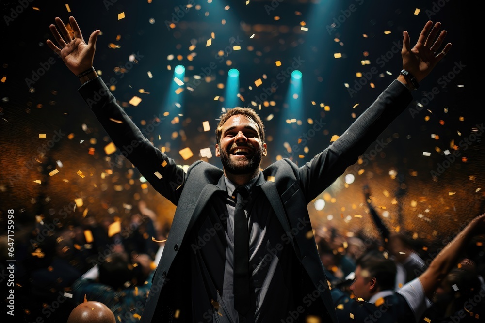A celebratory background image featuring a man cheering with hands ...