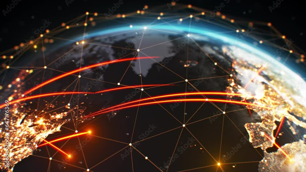 Digital Connections Over Earth in Seamless 3d Animation. Global ...