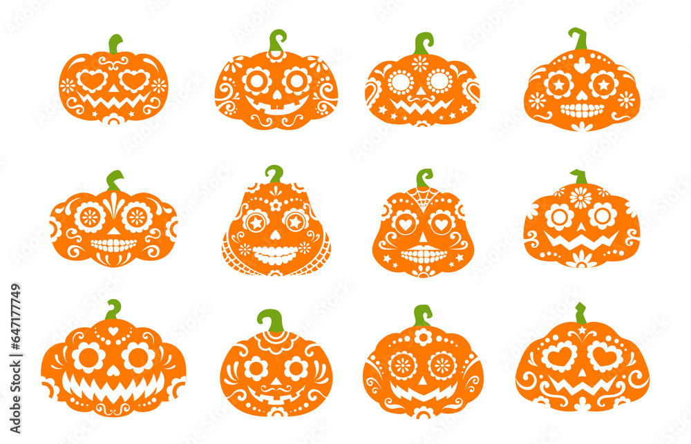 Poster Halloween party mexican pumpkin spooky characters with calavera ...