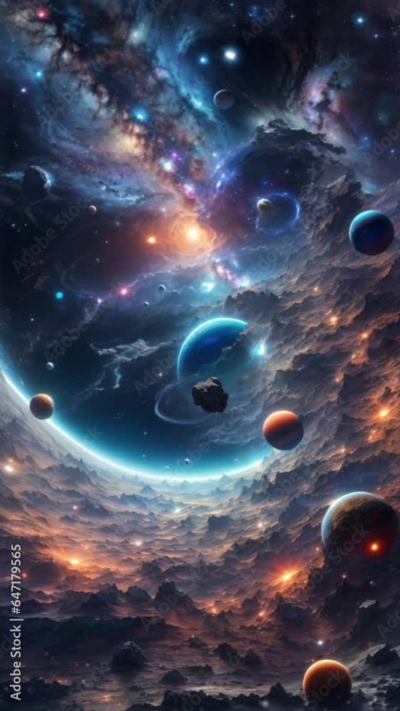 space view with beautiful planets and stars, seamless looping video ...