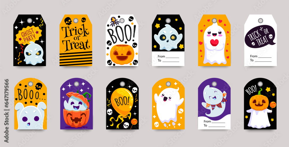 Halloween holiday gift tags. Isolated vector badges with cute ghosts ...