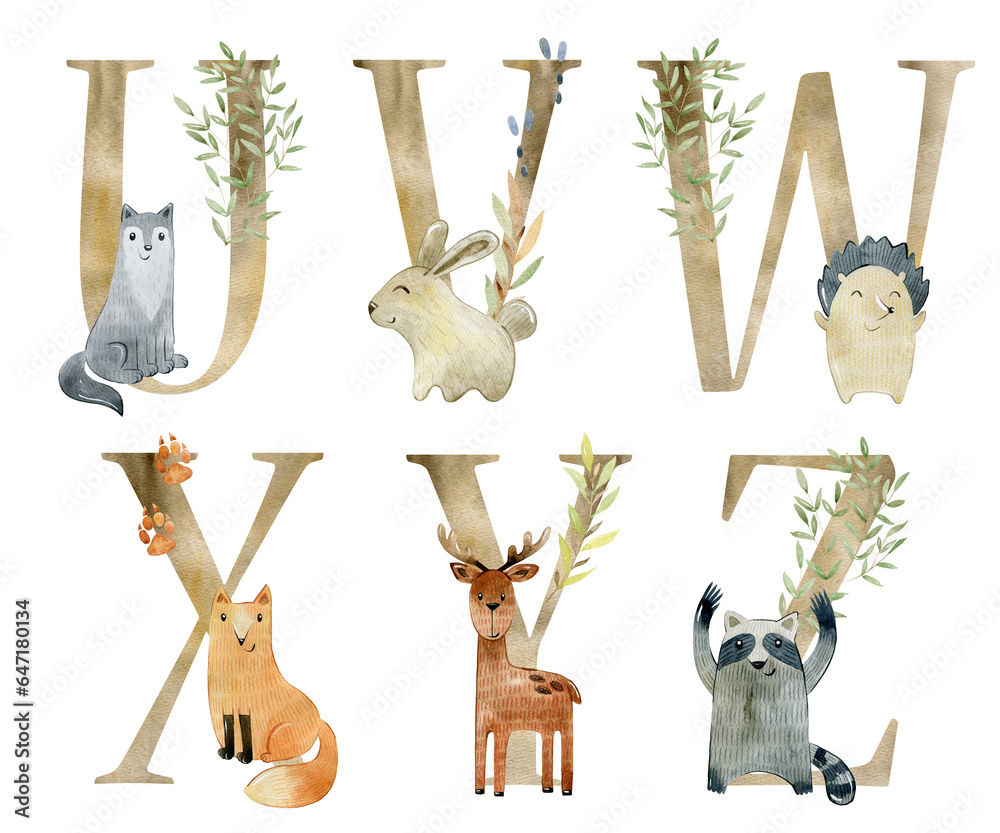 Watercolor woodland animals letters for invitation card, nursery poster ...