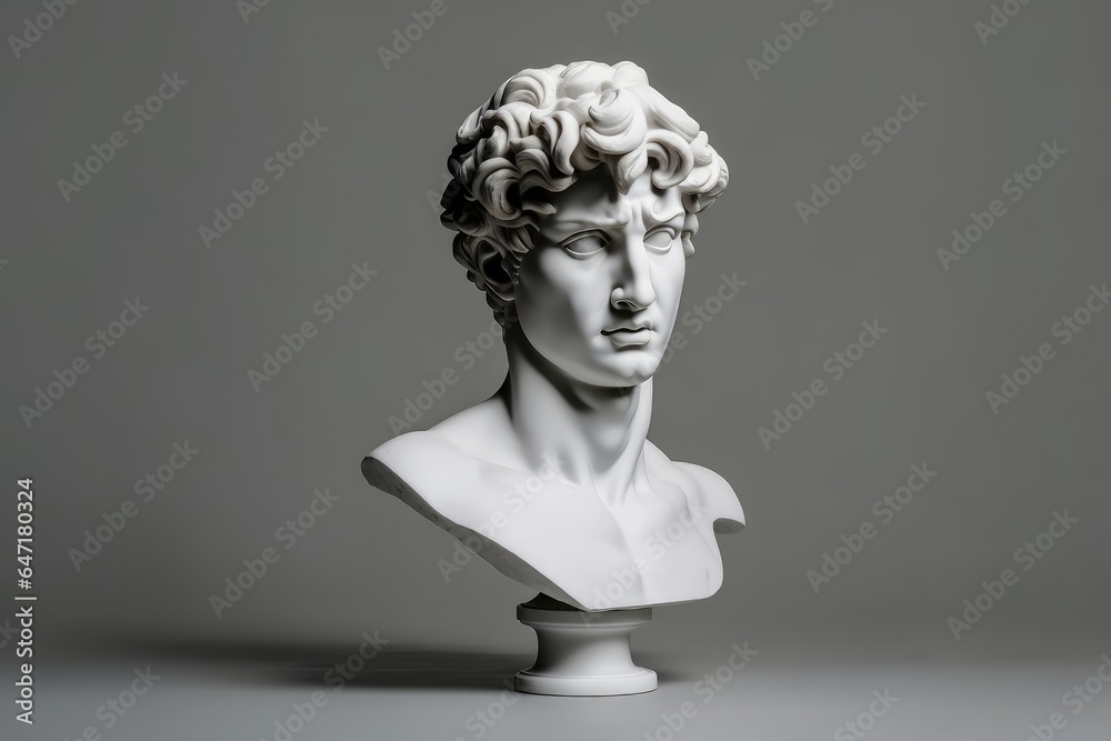Gypsum statue of David's head. Michelangelo's David statue plaster copy on grey background with ...