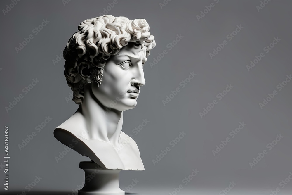 Gypsum statue of David's head. Michelangelo's David statue plaster copy on grey background with ...