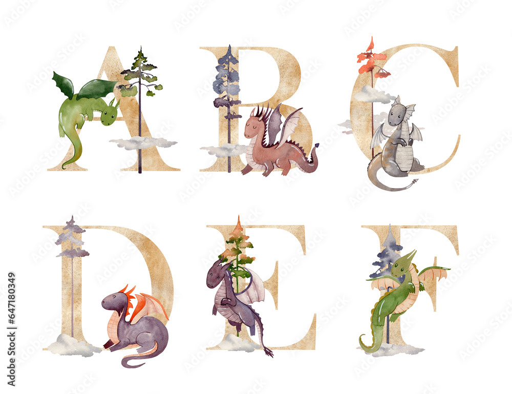 Watercolor dragons letters for invitation card, nursery poster, baby ...